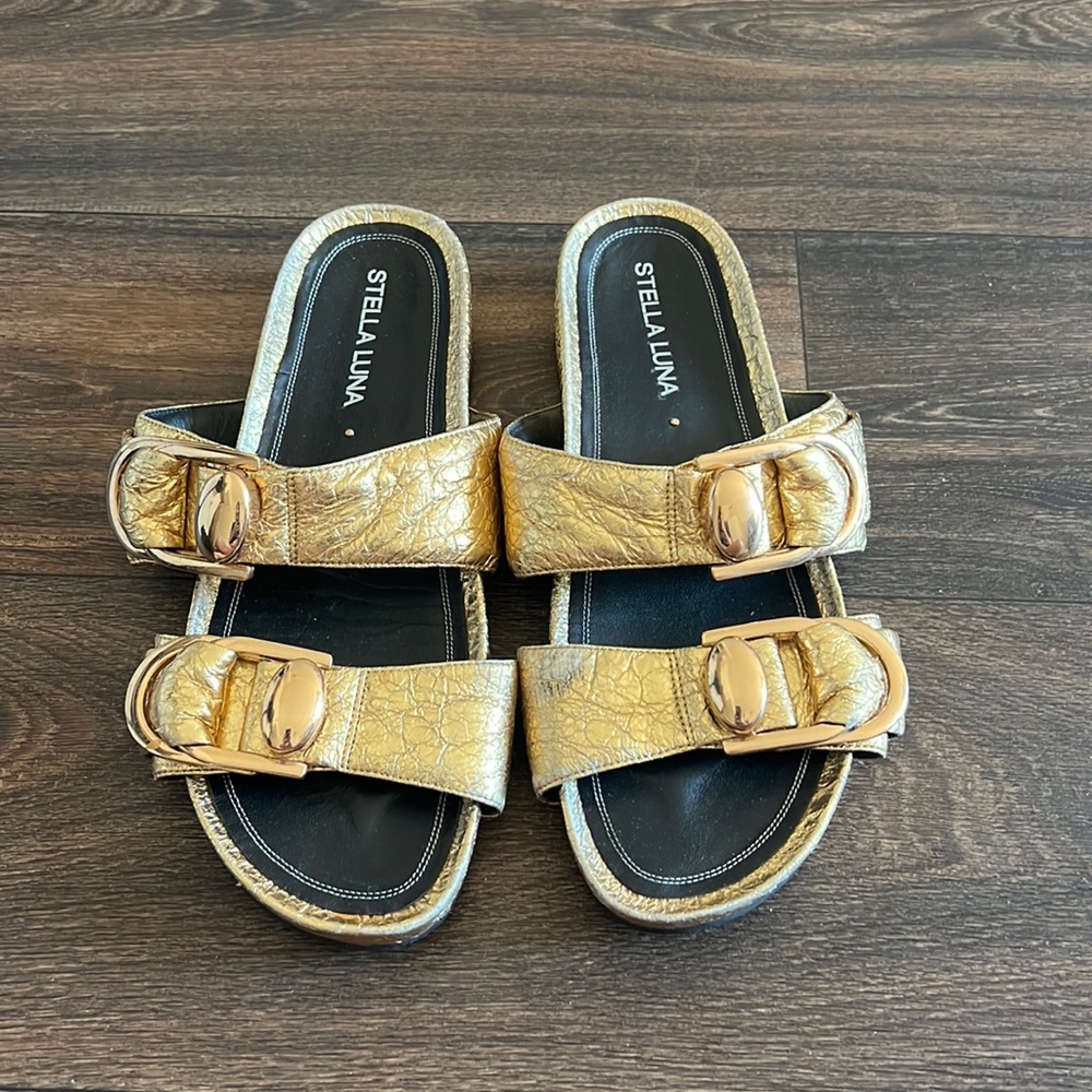 Stella Luna Metallic Gold Leather Slides - Gem